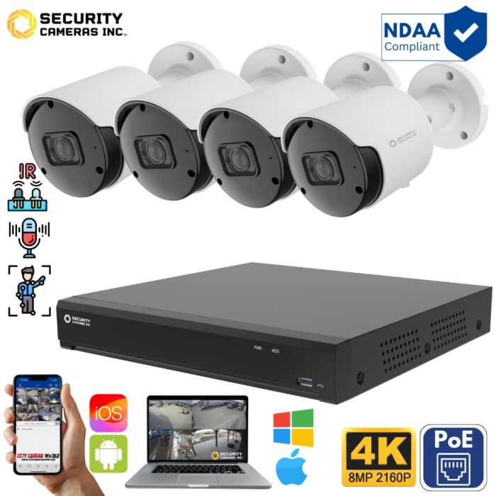 4 Camera 8MP 4K Bullet Cam PoE NVR System by Security Cameras Inc