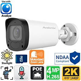 2K 4MP Starlight Bullet Camera with Motorized Zoom, built-in microphone